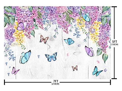 ABLIN 7x5ft Spring Butterfly Photography Backdrop for Birthday Baby Shower Party Decorations Purple Flowers Wood Background Wedding Photo Backdrop Shoot Props (CQ236)