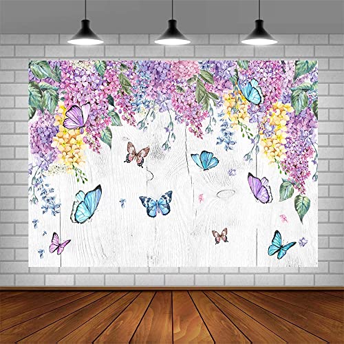 ABLIN 7x5ft Spring Butterfly Photography Backdrop for Birthday Baby Shower Party Decorations Purple Flowers Wood Background Wedding Photo Backdrop Shoot Props (CQ236)