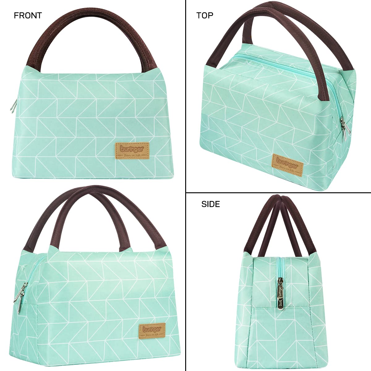 Buringer Reusable Insulated Lunch Bag Cooler Tote Box Meal Prep for Men & Women Work Picnic or Travel (Geometry Green)