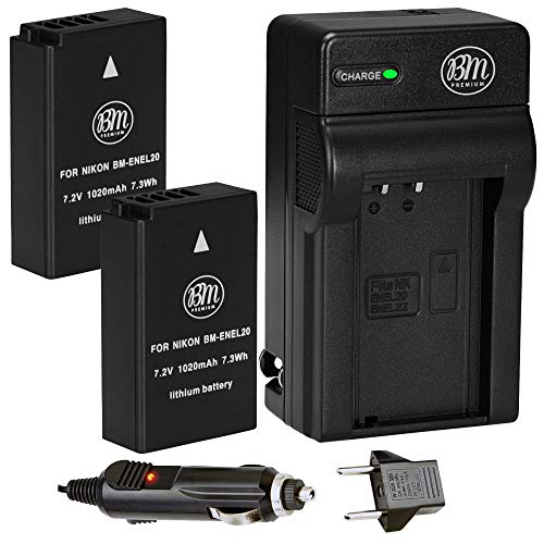 BM Premium 2 Pack of ENEL20, EN-EL20A Batteries and Battery Charger for Nikon Coolpix P950, P1000, DL24-500, Coolpix A, 1 AW1, 1 J1, 1 J2, 1 J3, 1 S1, 1 V3 Digital Camera
