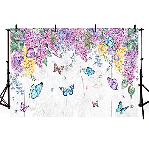 ABLIN 7x5ft Spring Butterfly Photography Backdrop for Birthday Baby Shower Party Decorations Purple Flowers Wood Background Wedding Photo Backdrop Shoot Props (CQ236)