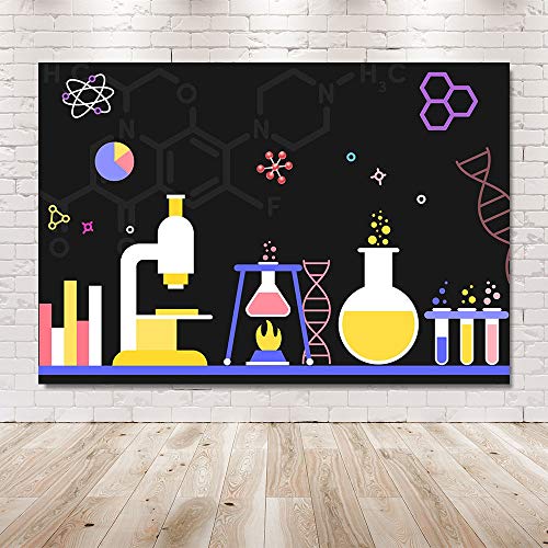 MEHOFOND 7x5ft Science Party Decorations Photo Studio Background Birthday Party Decor Banner Supplies Mad Science Fun Scientist Subject Black Backdrop School Poster for Photography