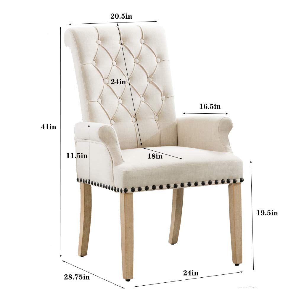 Dining Room Chairs with Arms,Tufted Upholstered High Back Nailed Trim with Untique Oak Wood Legs for Kitchen Restaurant Room Bedroom (Beige)