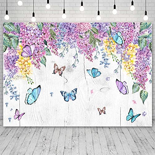 ABLIN 7x5ft Spring Butterfly Photography Backdrop for Birthday Baby Shower Party Decorations Purple Flowers Wood Background Wedding Photo Backdrop Shoot Props (CQ236)