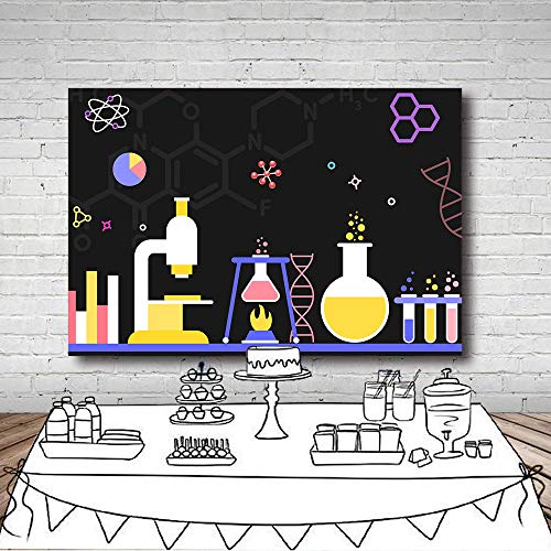 MEHOFOND 7x5ft Science Party Decorations Photo Studio Background Birthday Party Decor Banner Supplies Mad Science Fun Scientist Subject Black Backdrop School Poster for Photography