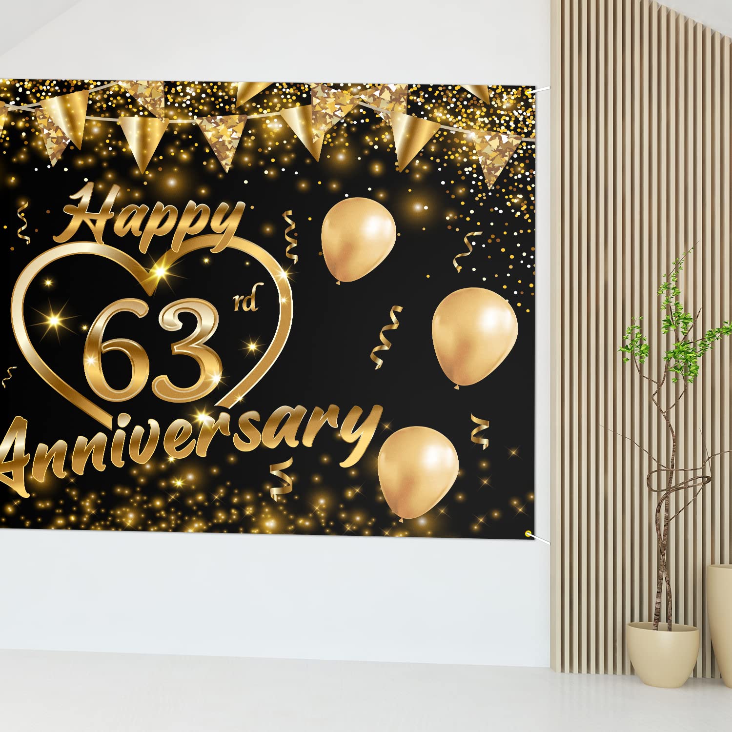 Happy 63rd Anniversary Backdrop Banner Decor Black Gold – Glitter Love Heart Happy 63 Years Wedding Anniversary Party Theme Decorations for Women Men Supplies, 3.9 x 5.9 ft