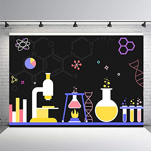 MEHOFOND 7x5ft Science Party Decorations Photo Studio Background Birthday Party Decor Banner Supplies Mad Science Fun Scientist Subject Black Backdrop School Poster for Photography