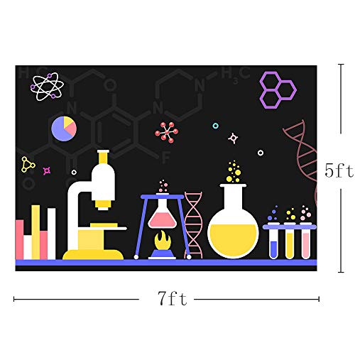 MEHOFOND 7x5ft Science Party Decorations Photo Studio Background Birthday Party Decor Banner Supplies Mad Science Fun Scientist Subject Black Backdrop School Poster for Photography