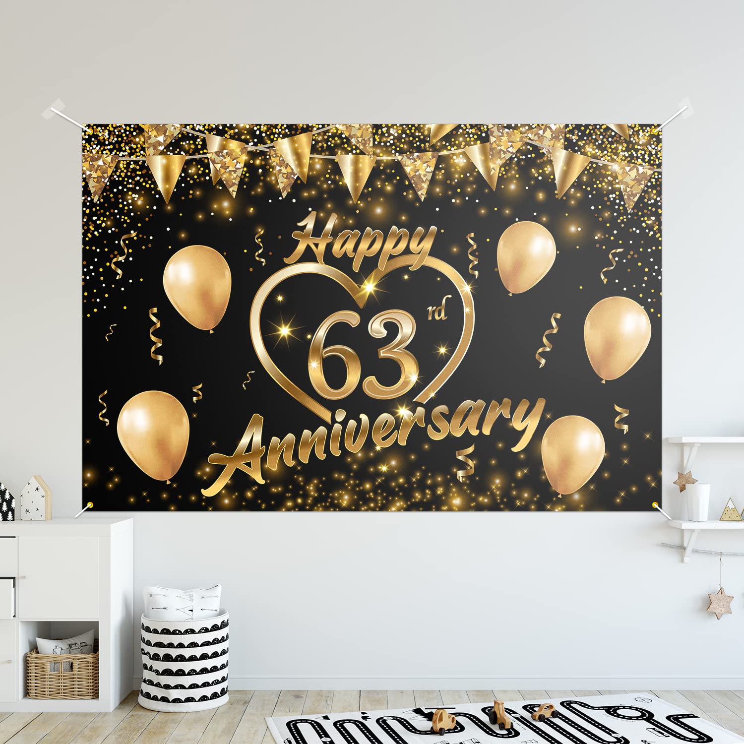 Happy 63rd Anniversary Backdrop Banner Decor Black Gold – Glitter Love Heart Happy 63 Years Wedding Anniversary Party Theme Decorations for Women Men Supplies, 3.9 x 5.9 ft