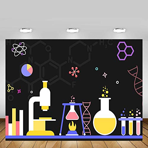 MEHOFOND 7x5ft Science Party Decorations Photo Studio Background Birthday Party Decor Banner Supplies Mad Science Fun Scientist Subject Black Backdrop School Poster for Photography