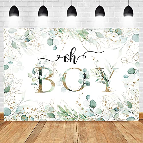 Mocsicka Greenery Boy Baby Shower Backdrop Oh Boy Baby in Bloom Eucalyptus Leaves Baby Shower Party Decorations Botanical Photography Background (7x5ft)