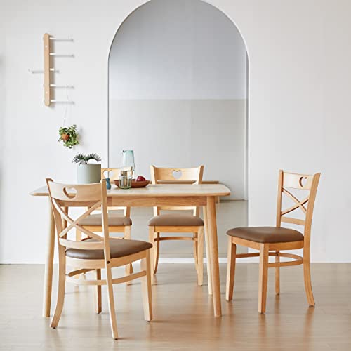 Livinia Heart X-Back Dining Chair Set of 2, Solid Malaysian Oak PU Leather Upholstered Cushion Seat Wooden Cross Back Side Chairs (Natural-Oak)