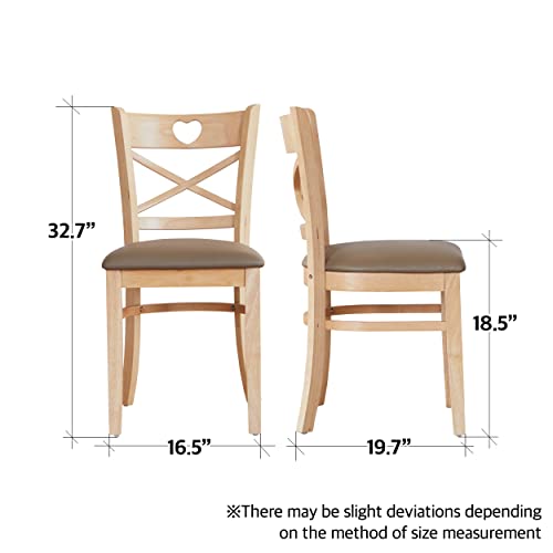 Livinia Heart X-Back Dining Chair Set of 2, Solid Malaysian Oak PU Leather Upholstered Cushion Seat Wooden Cross Back Side Chairs (Natural-Oak)