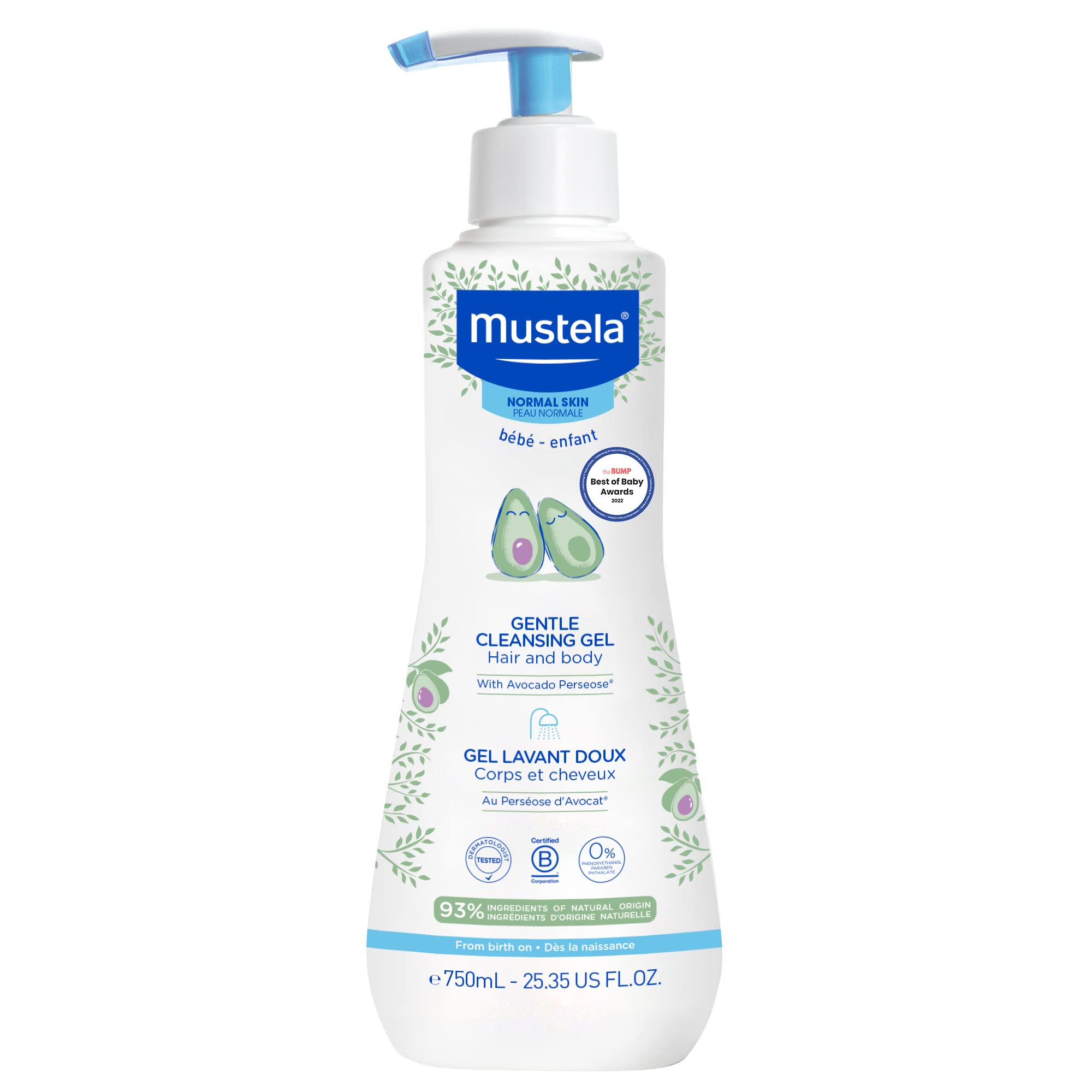 Mustela Baby Gentle Cleansing Gel - Baby Hair & Body Wash - with Natural Avocado fortified with Vitamin B5 - Biodegradable Formula & Tear-Free – 25.35 fl. oz. (Pack of 1)