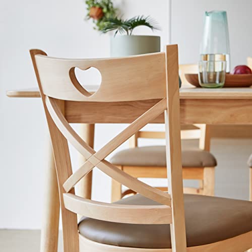 Livinia Heart X-Back Dining Chair Set of 2, Solid Malaysian Oak PU Leather Upholstered Cushion Seat Wooden Cross Back Side Chairs (Natural-Oak)