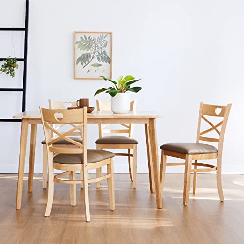 Livinia Heart X-Back Dining Chair Set of 2, Solid Malaysian Oak PU Leather Upholstered Cushion Seat Wooden Cross Back Side Chairs (Natural-Oak)