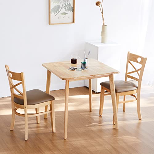 Livinia Heart X-Back Dining Chair Set of 2, Solid Malaysian Oak PU Leather Upholstered Cushion Seat Wooden Cross Back Side Chairs (Natural-Oak)