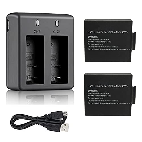 VVHOOY Action Camera Battery Pack 2 Pcs 3.7V 900mAh Rechargeable Li-ion Batteries with USB Charger, Compatible with SJCAM SJ4000 SJ5000/Victure AC700 AC900/AKASO EK7000/Brave 4/APEMAN
