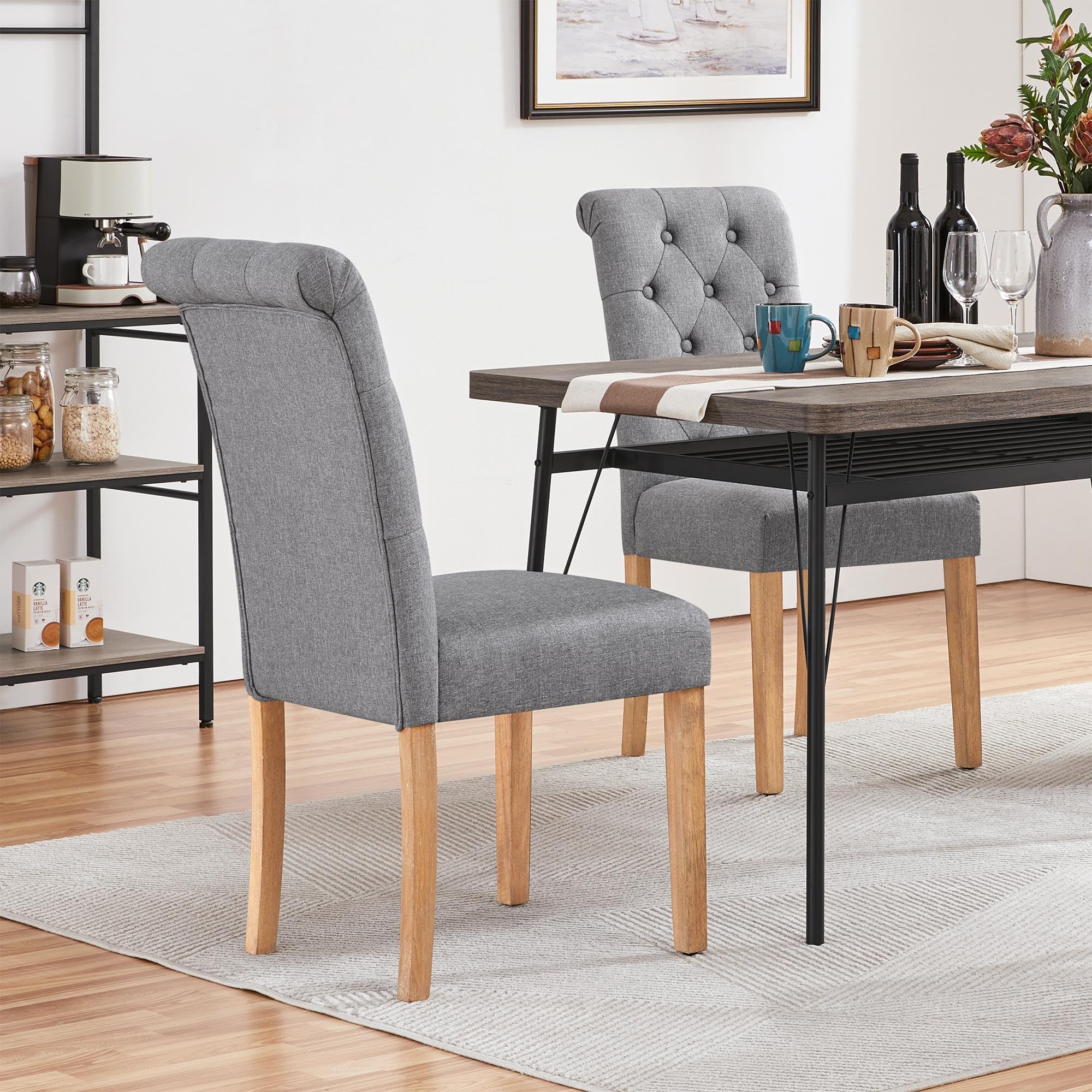 Yaheetech Dining Chairs Set of 2 Fabric Upholstered Dining Chairs High Back Padded Chairs Button Tufted Parsons Kitchen Chairs With Solid Wood Legs for Home, Dining Room, Kitchen, Dark Gray(1 package)