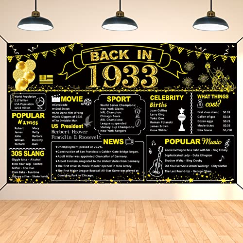 DARUNAXY 90th Birthday Black Gold Party Decoration, Back in 1933 Banner 90 Year Old Birthday Party Poster Supplies, 6x3.6ft Large Fabric Vintage 1933 Backdrop Photography Background for Men and Women