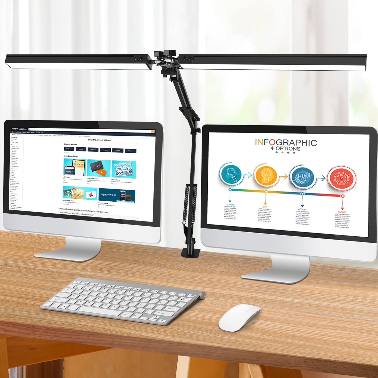 JOSTIC Double Head LED Desk Lamp with Clamp, Desk Lamps for Home Office, 5 Color Modes, 10 Brightness, Architect Task Lamp, Modern Swing Arm Workbench Office Lighting, Dimmable Brightest Light, Black