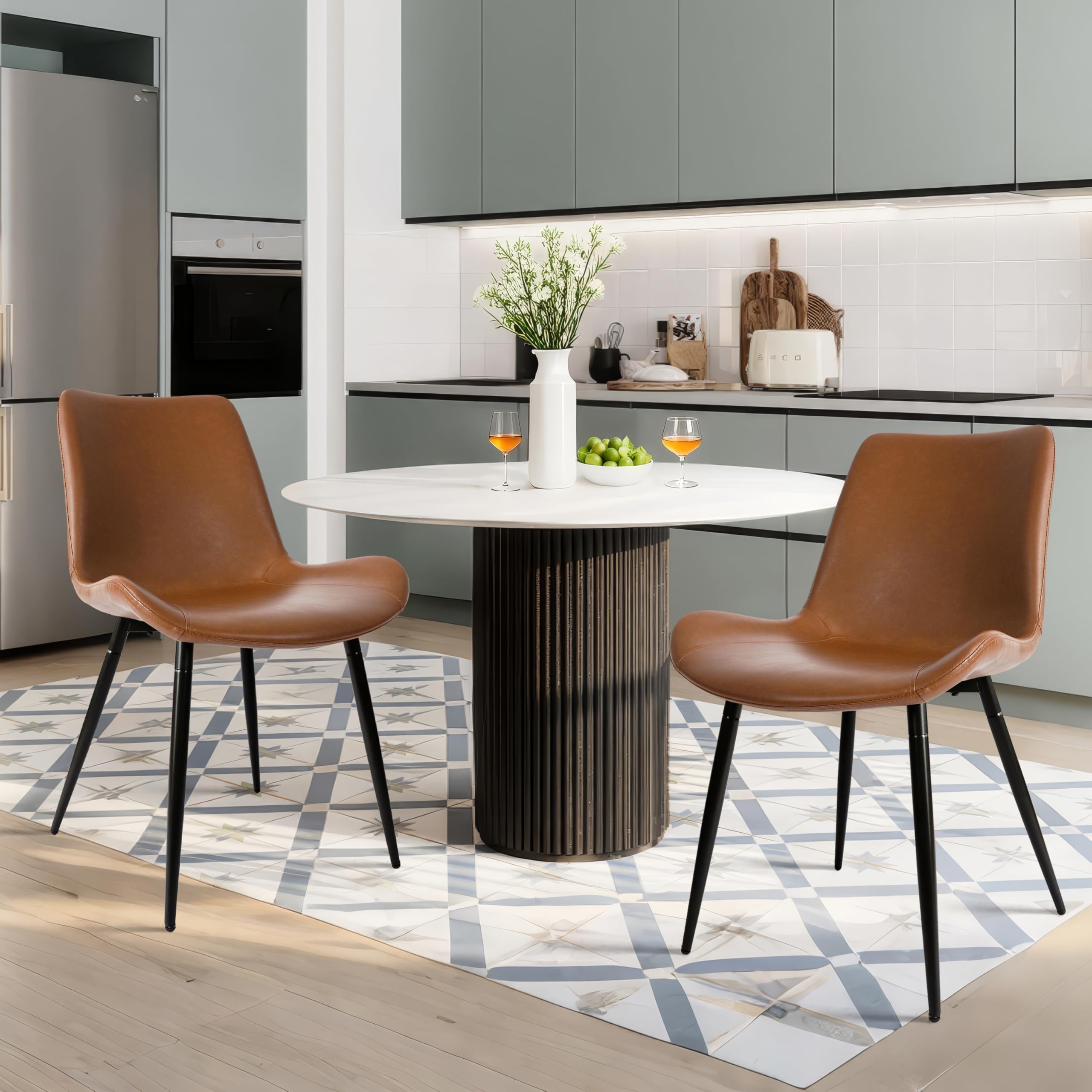 CangLong Dining Chairs Set of 2 in Faux Leather Brown Cushion Seat, Upholstered Dining Accent Side Chairs with Comfy Back and Sturdy Black Metal Legs for Living, Restaurant & Meeting Room, Brown