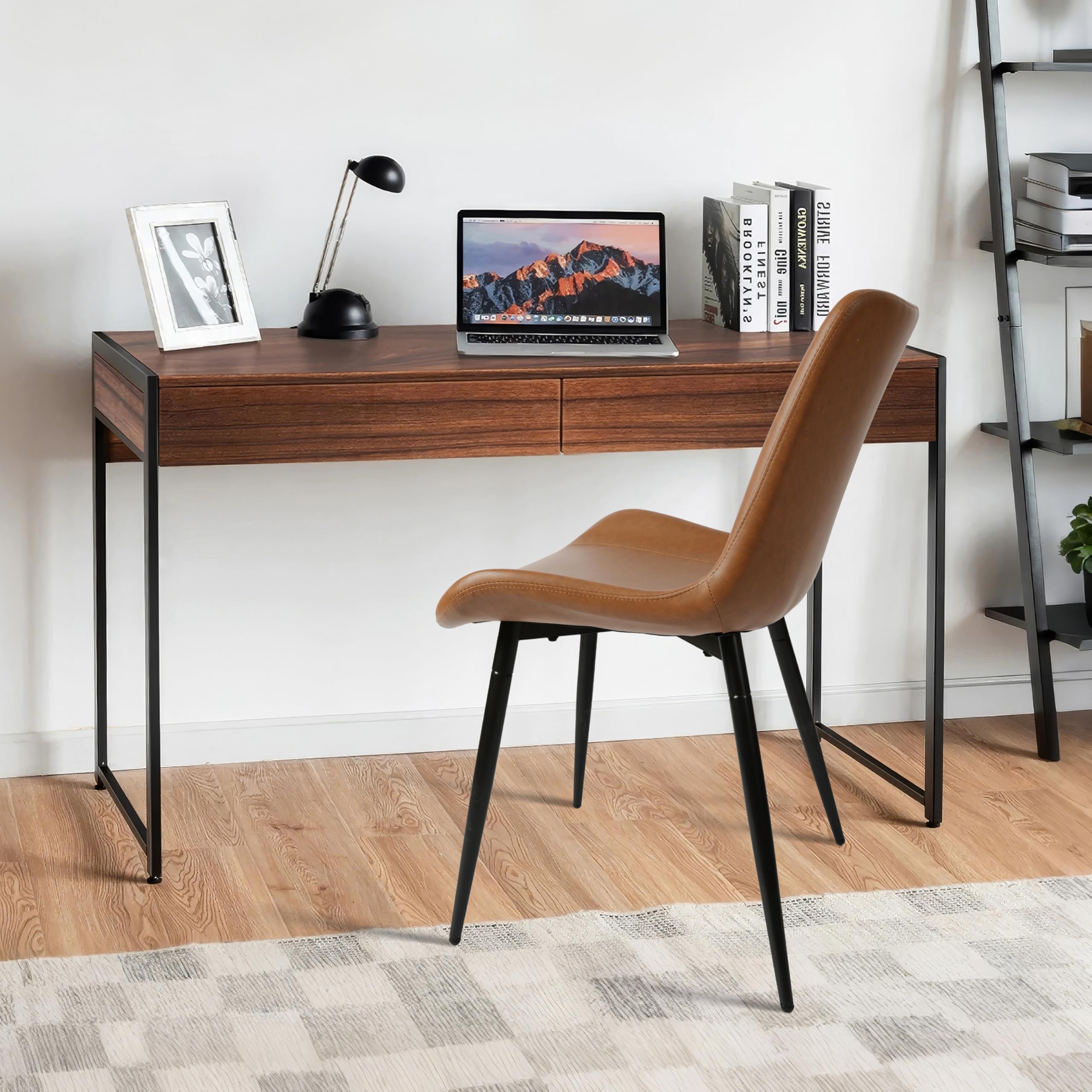 CangLong Dining Chairs Set of 2 in Faux Leather Brown Cushion Seat, Upholstered Dining Accent Side Chairs with Comfy Back and Sturdy Black Metal Legs for Living, Restaurant & Meeting Room, Brown
