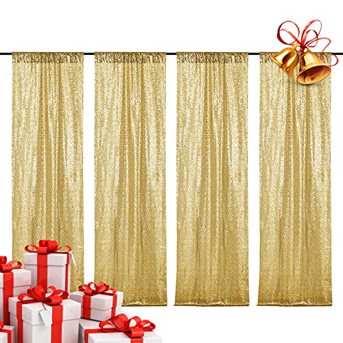 BEDDEB 4PCS Gold Sequin Backdrop Curtain, 2FTx8FT Glitter Backdrop Curtain for Christmas, Birthday, Wedding, Party Decoration Wedding Party Stage Decorations Fabric Sparkle Photography Background