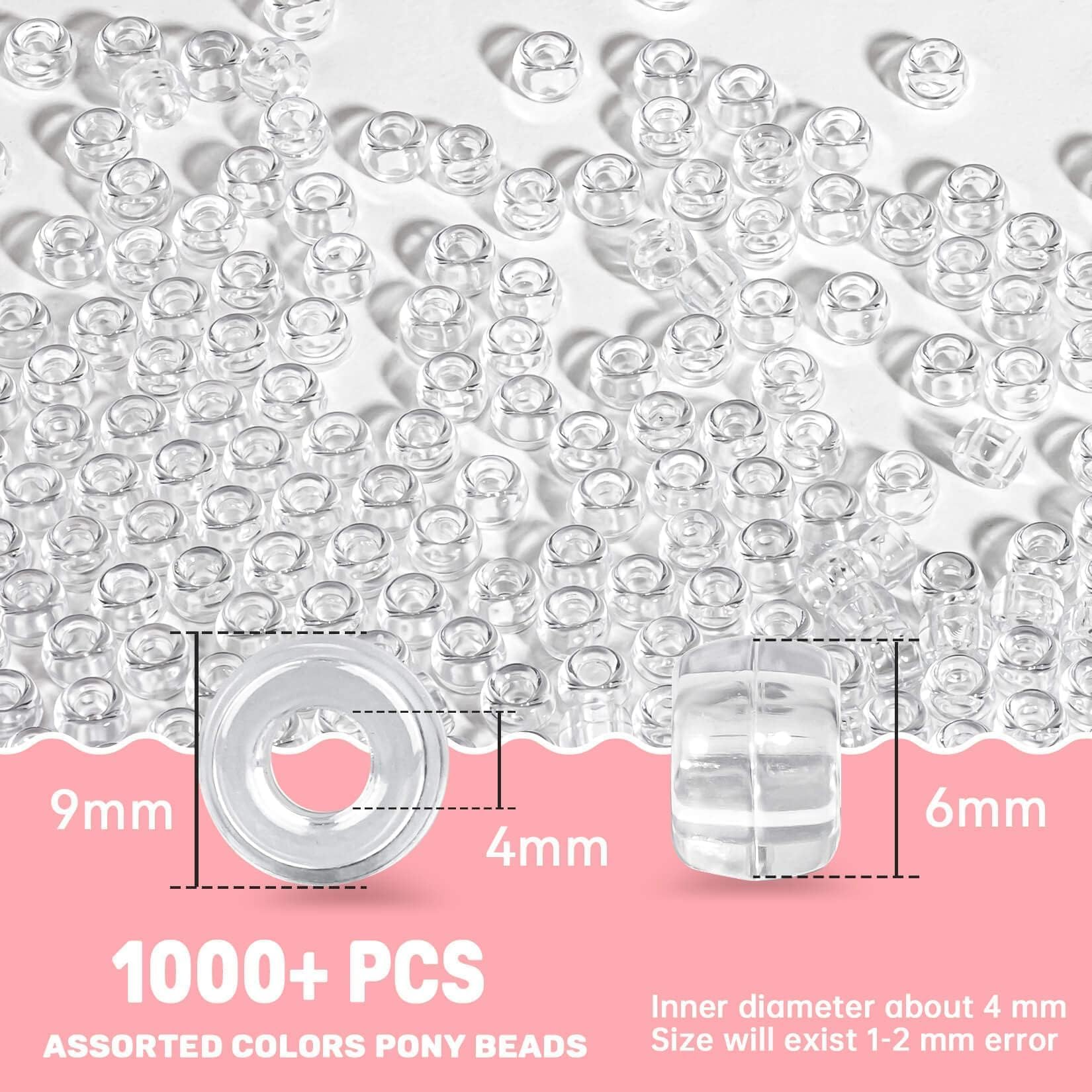 Sukh 1000+ Pcs Clear Pony Beads - Plastic Bracelet Beads 6x9mm Crystal White Pony Beads for Bracelets Making Hair Beads for Braids DIY Crafts Key Chai Jewelry Making Home Decor Pony Beads Bulk