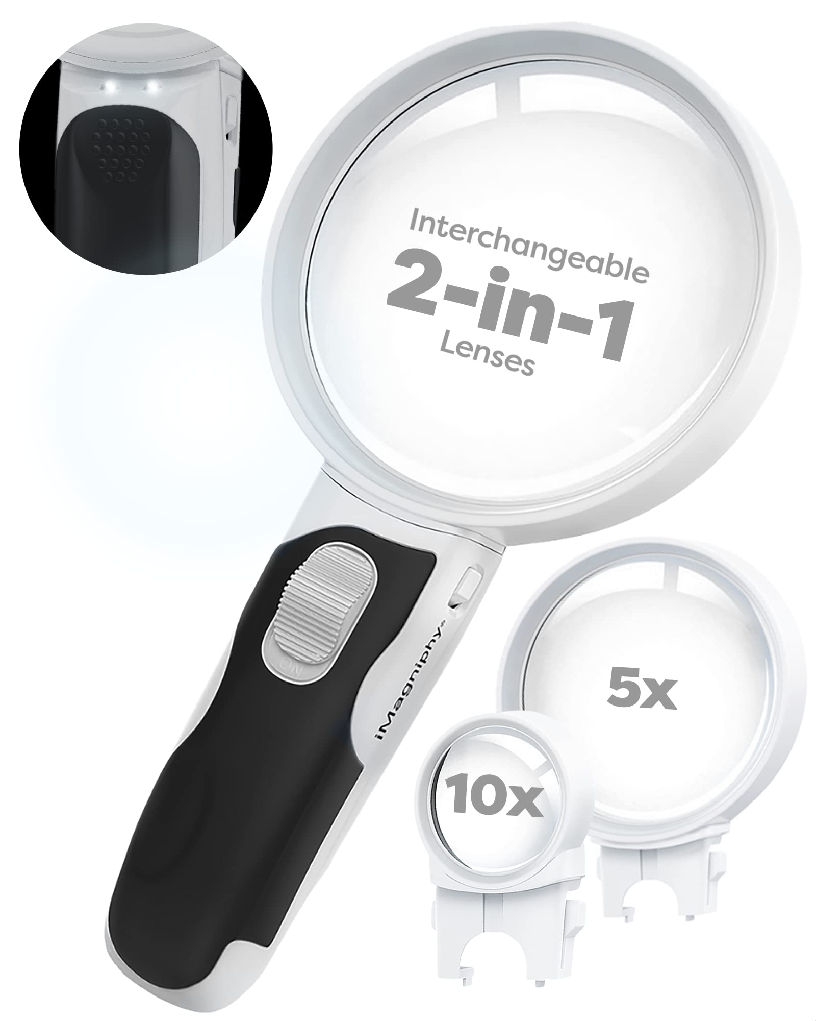 iMagniphy Powerful Magnifying Glass with Light- Senior Citizen Gifts- 5X & 10X Handheld Magnifying Glass with 2 Interchangeable Lenses- Lighted Magnifier for Seniors with Macular Degeneration