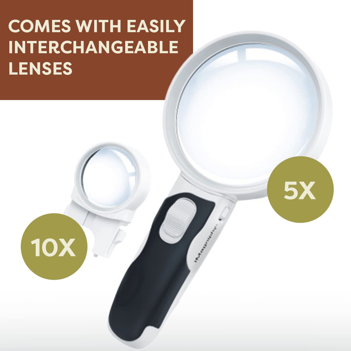 iMagniphy Powerful Magnifying Glass with Light- Senior Citizen Gifts- 5X & 10X Handheld Magnifying Glass with 2 Interchangeable Lenses- Lighted Magnifier for Seniors with Macular Degeneration