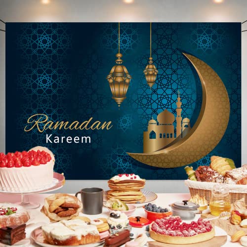 Ramadan Mubarak Backdrop Ramadan Kareem Banner Eid Mubarak Photography Background for Home Decorations Ramadan Party Supplies 70.8 x 47.2 Inch (Dark Blue)