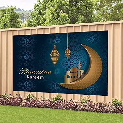 Ramadan Mubarak Backdrop Ramadan Kareem Banner Eid Mubarak Photography Background for Home Decorations Ramadan Party Supplies 70.8 x 47.2 Inch (Dark Blue)