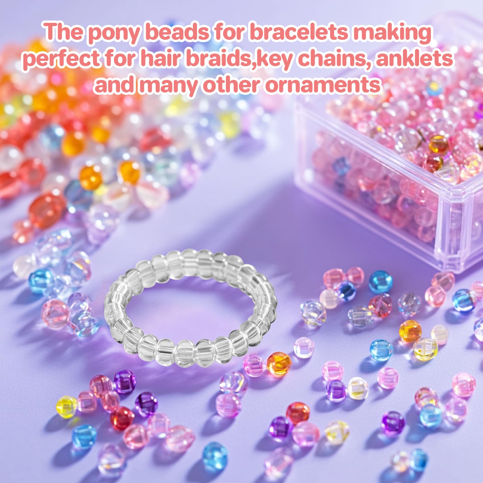 Sukh 1000+ Pcs Clear Pony Beads - Plastic Bracelet Beads 6x9mm Crystal White Pony Beads for Bracelets Making Hair Beads for Braids DIY Crafts Key Chai Jewelry Making Home Decor Pony Beads Bulk