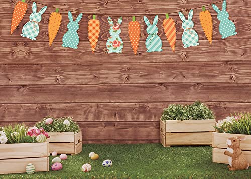 Happy Easter Backdrop Spring Rabbit Carrot Green Grass Eggs Baby Shower Backdrop Brown Wooden Wall Easter Party Decoration (7x5ft)