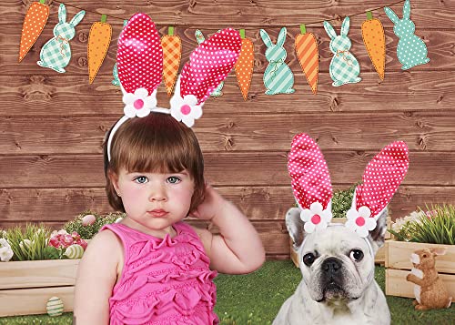 Happy Easter Backdrop Spring Rabbit Carrot Green Grass Eggs Baby Shower Backdrop Brown Wooden Wall Easter Party Decoration (7x5ft)