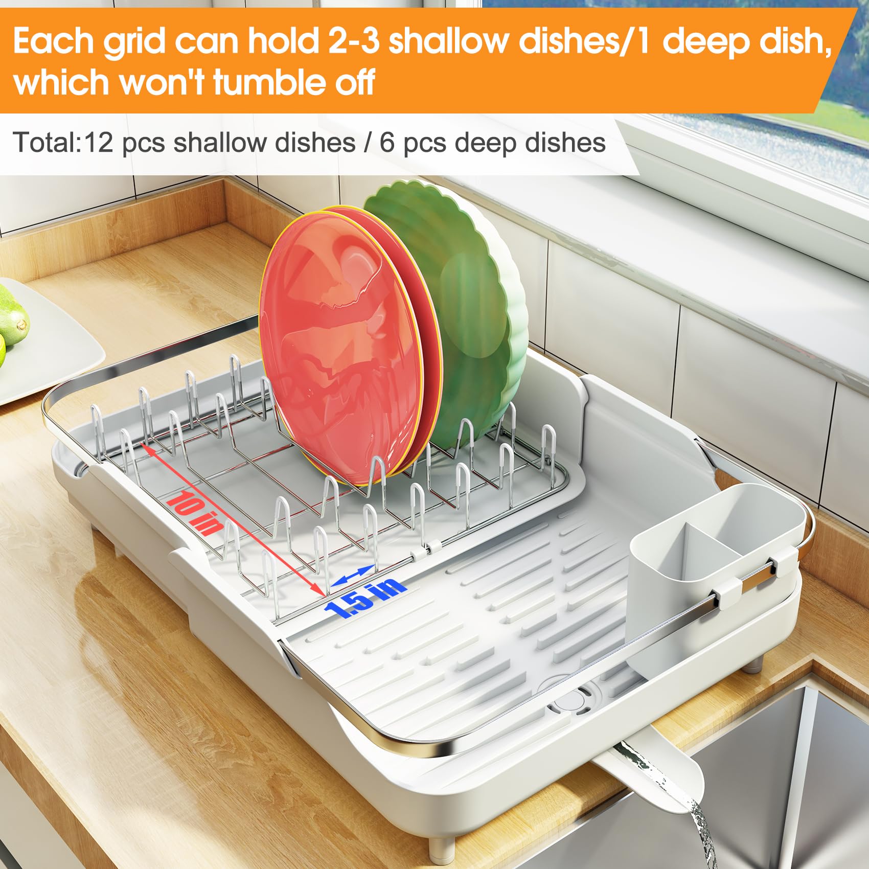 Dish Drying Rack, Stainless Steel Dish Rack and Drainaboard Set, Expandable(11.5"-19.3") Sink Dish Drainer with Cup Holder Utensil Holder for Kitchen Counter