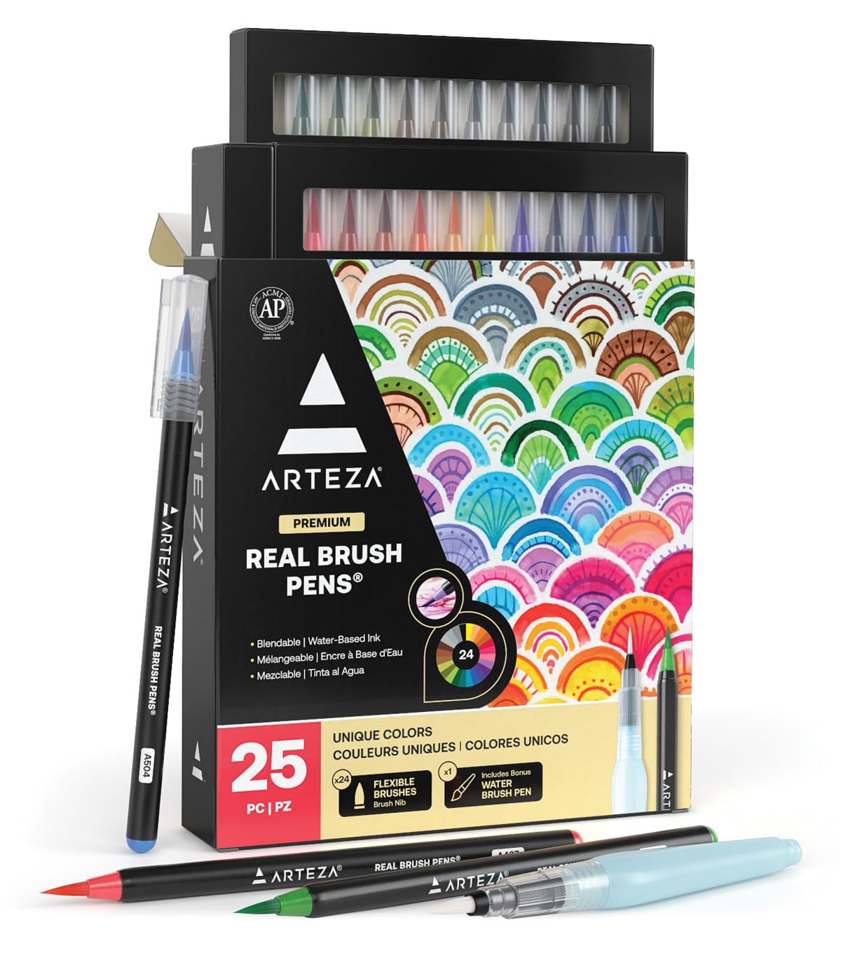 ARTEZA Real Brush Pens, 24 Colors for Watercolor Painting with Flexible Nylon Brush Tips, Paint Markers for Coloring, Calligraphy and Drawing with Water Brush for Artists and Beginner Painters