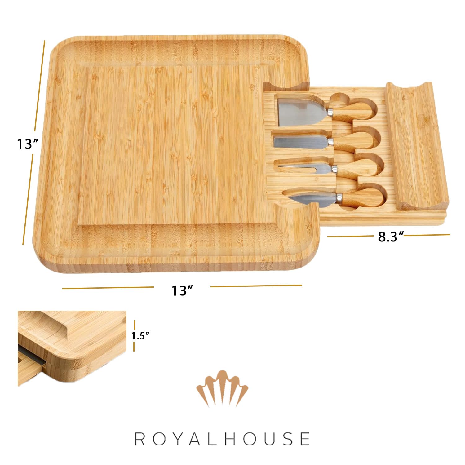 RoyalHouse Unique Bamboo Cheese Board and Knife Set with Slide-Out Cutlery Drawer - Charcuterie Boards Set & Cheese Platter - Ideal Anniversary, Wedding and Housewarming Gift