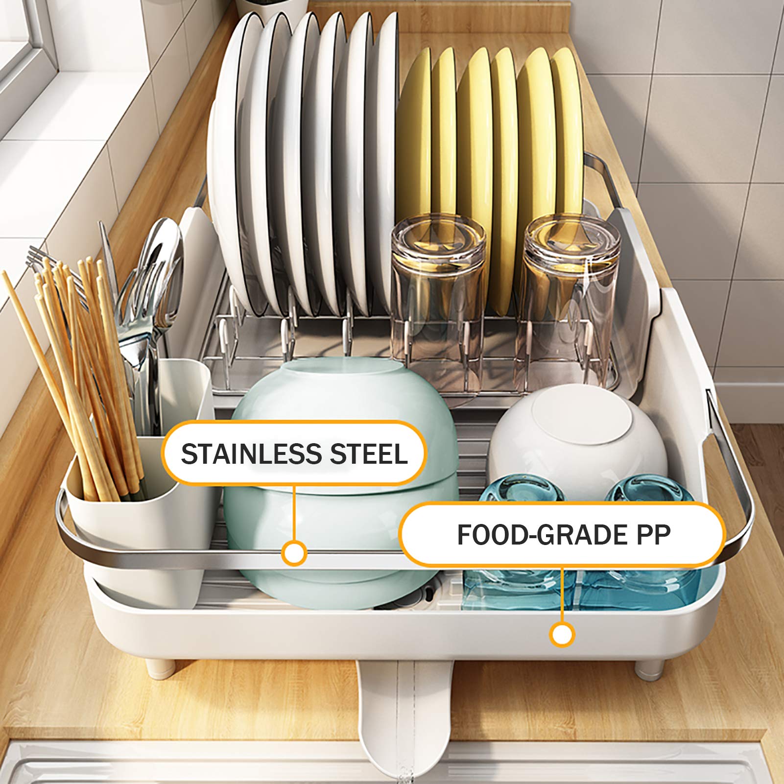 Dish Drying Rack, Stainless Steel Dish Rack and Drainaboard Set, Expandable(11.5"-19.3") Sink Dish Drainer with Cup Holder Utensil Holder for Kitchen Counter