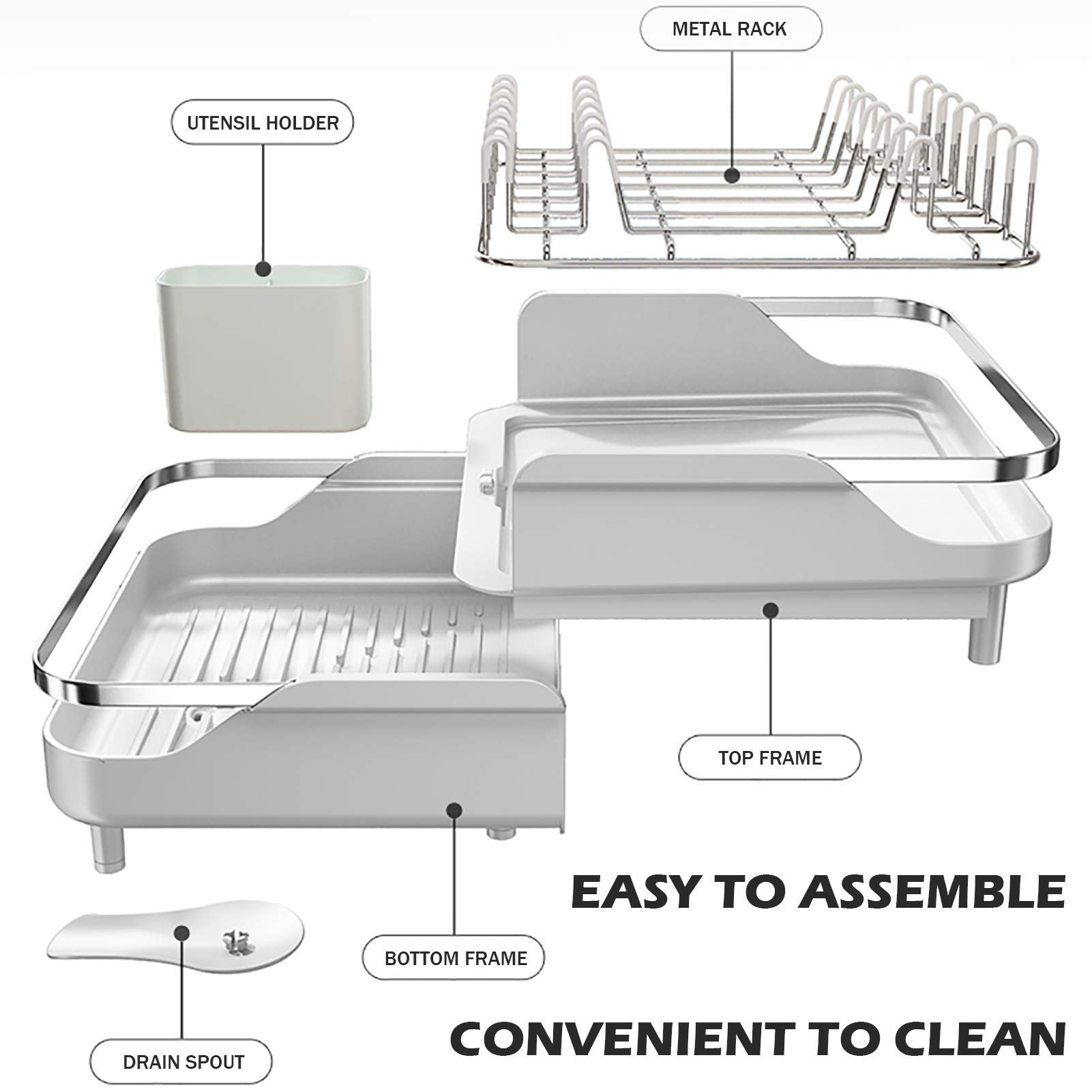 Dish Drying Rack, Stainless Steel Dish Rack and Drainaboard Set, Expandable(11.5"-19.3") Sink Dish Drainer with Cup Holder Utensil Holder for Kitchen Counter