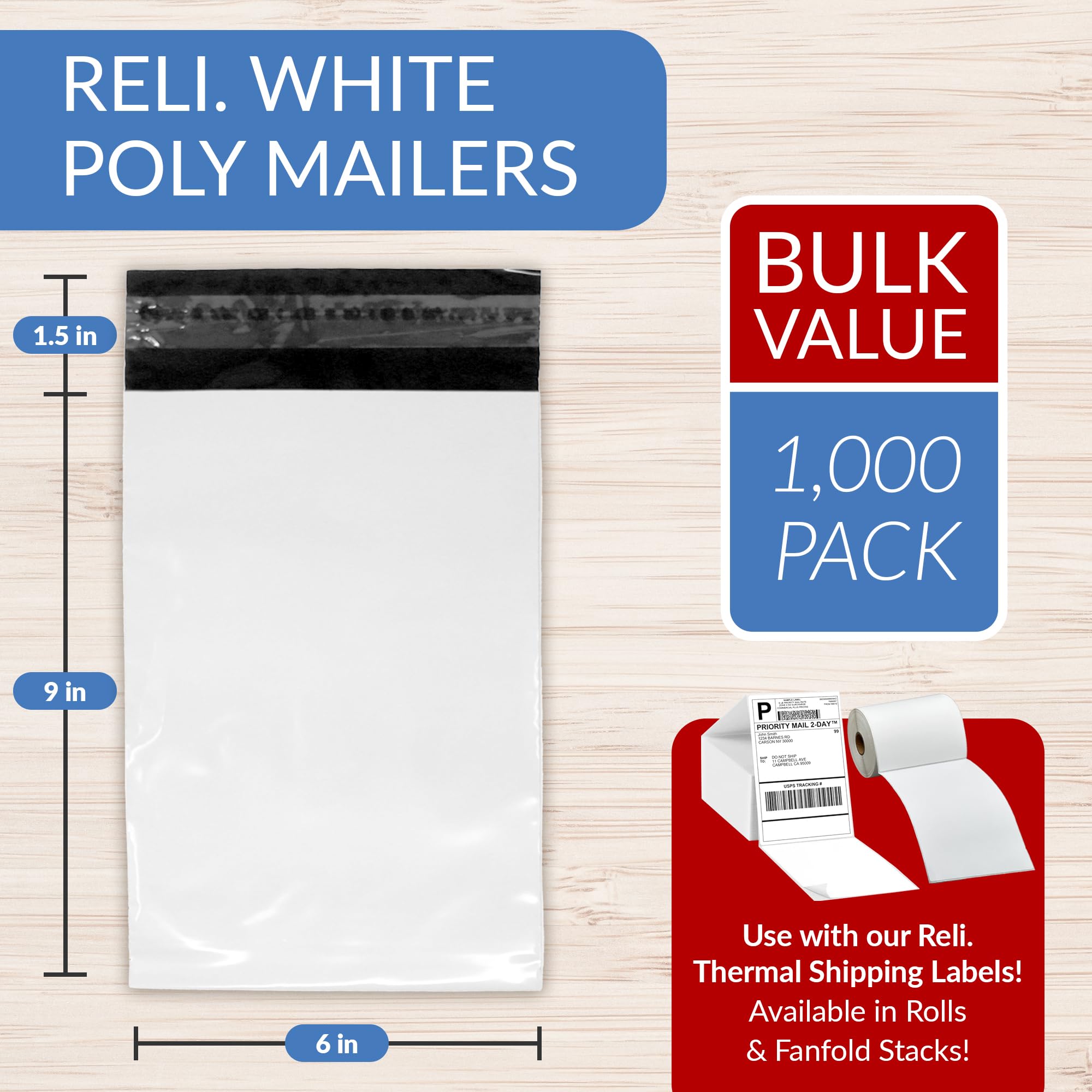 Reli. Poly Mailers 6x9 | 1000 Pcs Bulk | Small Mailing Envelopes/Shipping Bags | White Packaging Bags for Shipping | Non-Padded Poly Mailers | Self Sealing Mailing Bags for Small Items, Bulk (White)