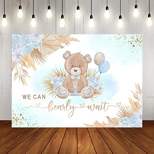 Mocsicka We Can Bearly Wait Backdrop for Boys Boho Chic Blue Flowers Balloons Photography Background Vinyl Boy Lovely Bear Baby Shower Cake Table Decoration Banner (Blue, 7x5ft)
