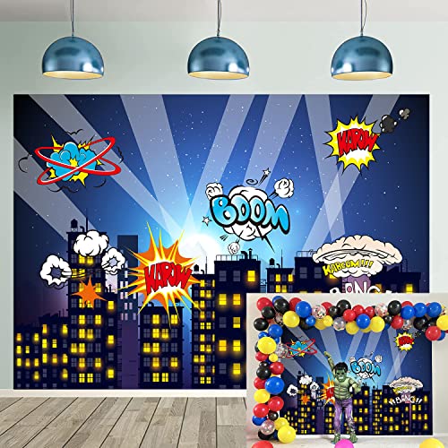 Superhero Cityscape Theme Backdrop Night Scene Comics Style Building Photography Background Baby Shower Boy Girl Kids Birthday Party Decoration Studio Shoot Prop 7x5FT