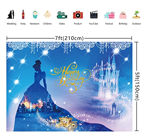 Dost Baby Blue Princess Happy Birthday Backdrop Fantasy Castle Carriage Princess Party Decoration Shiny Light Photography Backdrop(7x5FT), Dost-cy278-7x5FT