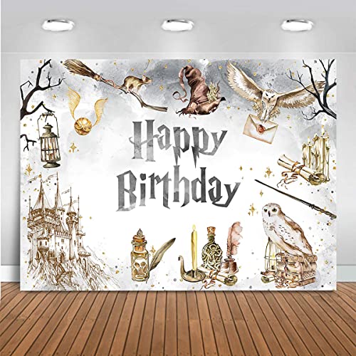 Mocsicka Wizard Birthday Backdrop Magical Castle Witch Wizard School Happy Birthday Photography Background Vinyl Kids Sorcerer Theme Birthday Party Cake Table Decoration Photo Booth (Gray, 7x5ft)
