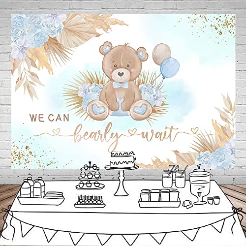 Mocsicka We Can Bearly Wait Backdrop for Boys Boho Chic Blue Flowers Balloons Photography Background Vinyl Boy Lovely Bear Baby Shower Cake Table Decoration Banner (Blue, 7x5ft)
