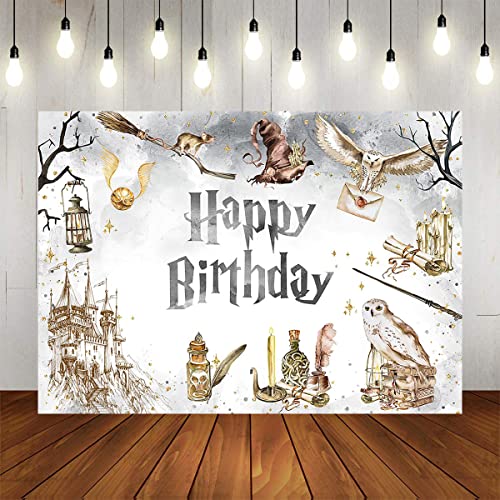 Mocsicka Wizard Birthday Backdrop Magical Castle Witch Wizard School Happy Birthday Photography Background Vinyl Kids Sorcerer Theme Birthday Party Cake Table Decoration Photo Booth (Gray, 7x5ft)