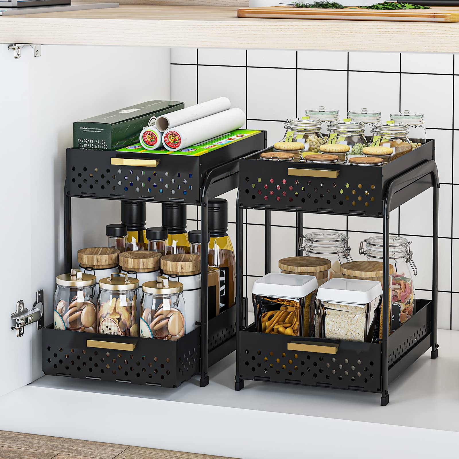 GILLAS 2 Tier Under Sink Organizer and Storage, Farmhouse Under Counter Storage for Kitchen, Under Cabinet Organizer for Bathroom, Sliding Basket Organizer, Black