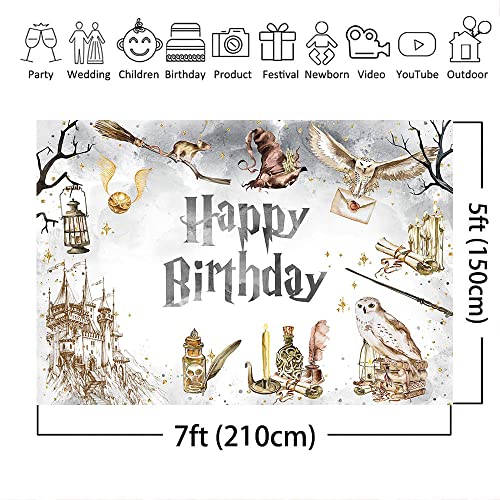 Mocsicka Wizard Birthday Backdrop Magical Castle Witch Wizard School Happy Birthday Photography Background Vinyl Kids Sorcerer Theme Birthday Party Cake Table Decoration Photo Booth (Gray, 7x5ft)